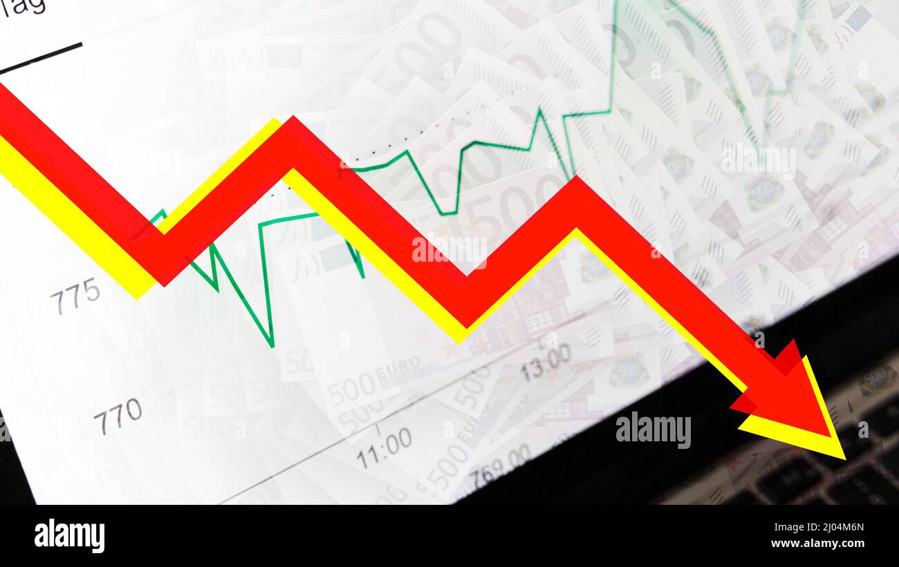 Economy graph: 500 euro banknotes and downward arrow (debt, fall, loss ...