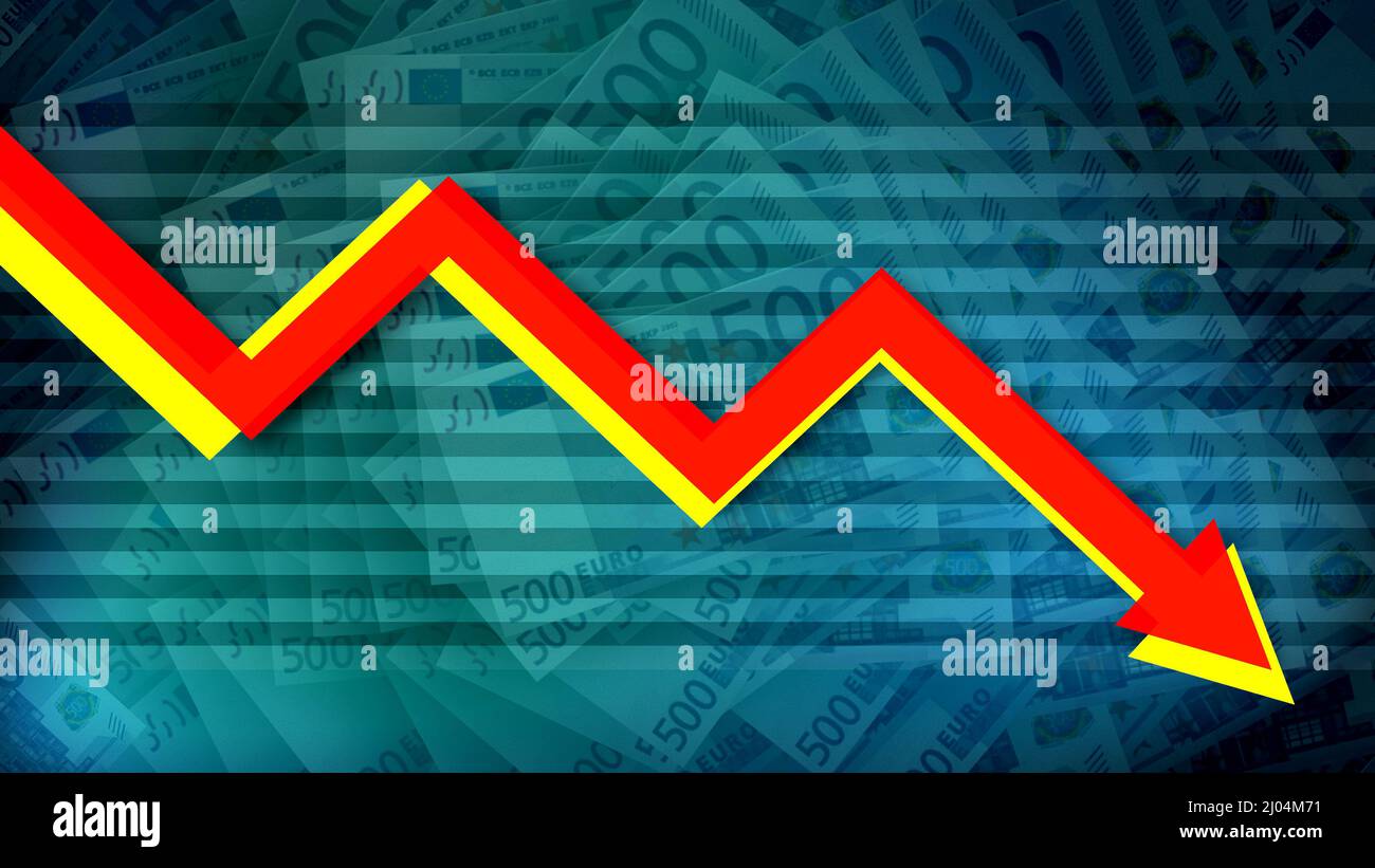 Economy graph: 500 euro banknotes and downward arrow (debt, fall, loss ...