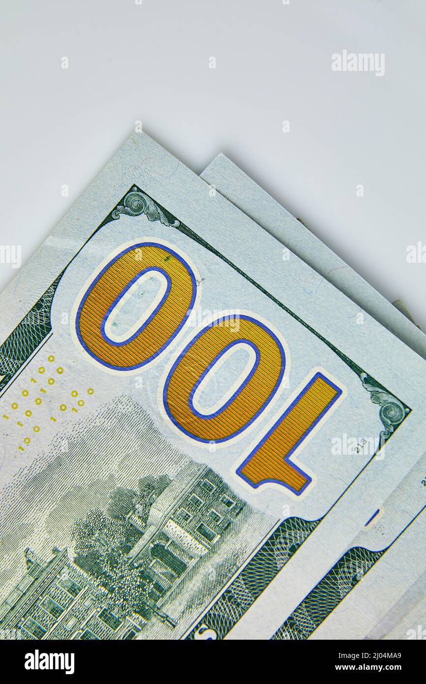 Flat lay Closeup on the bills for a US hundred dollar banknote ...