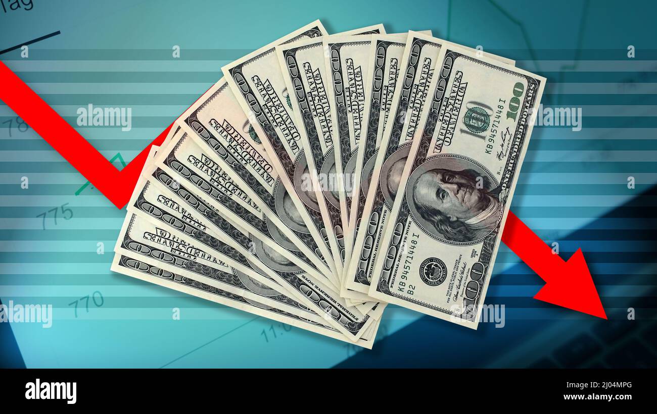 Economy graph: 100 dollar bills and downward arrow (debt, fall, loss ...