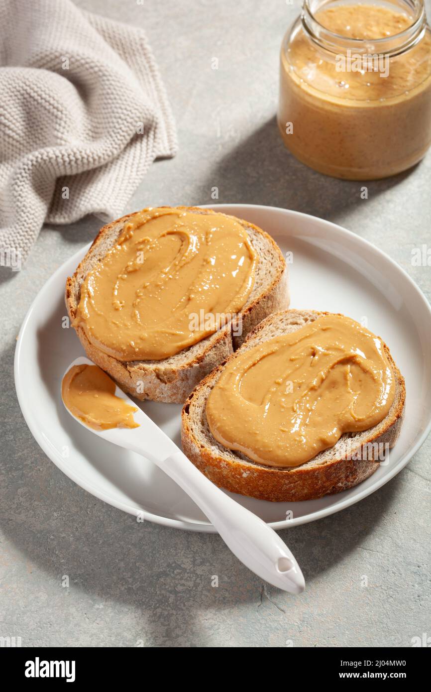smooth peanut butter bread toast, healthy traditional sandwich Stock ...