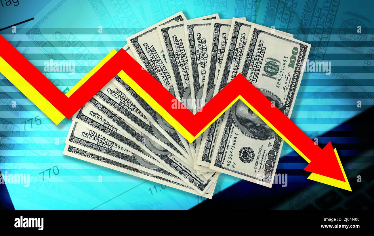 Economy graph: 100 dollar bills and downward arrow (debt, fall, loss ...