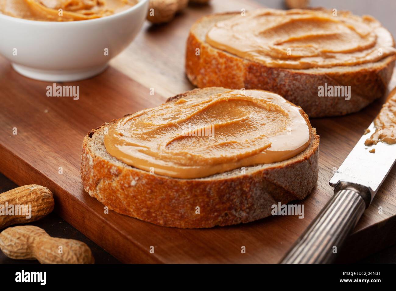 smooth peanut butter bread toast, healthy traditional sandwich Stock ...