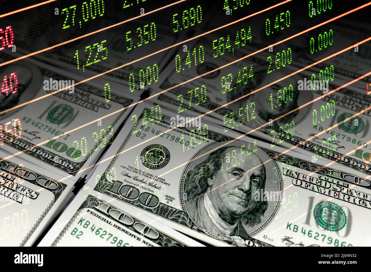 Economy graph: 100 dollar bills and stock market data dashboard Stock ...