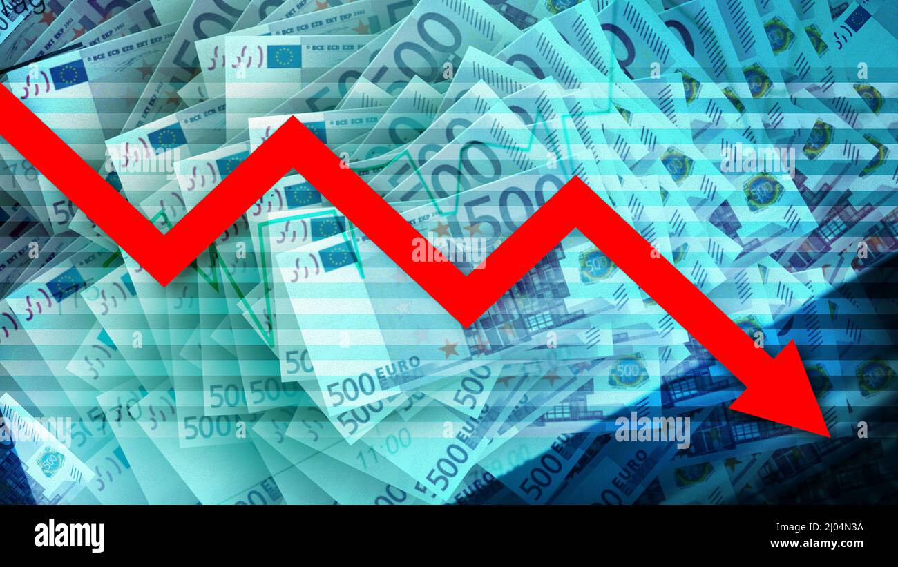 Economy Graph 500 Euro Banknotes And Downward Arrow debt Fall Loss