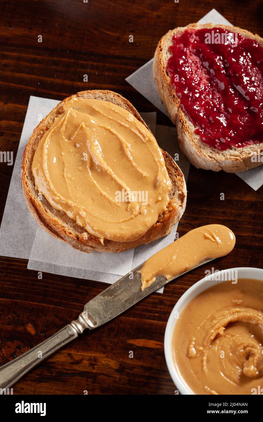 smooth peanut butter and jam bread toast, american traditional sandwich ...