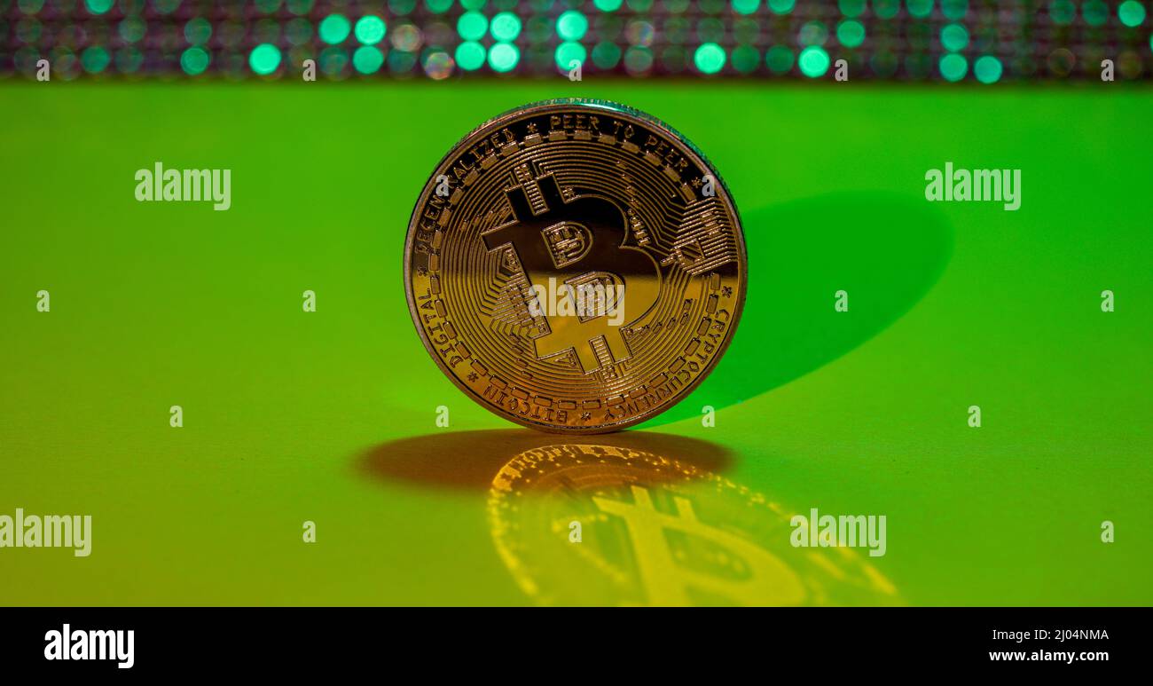 Bitcoin coin, medal photographed in the studio with long exposure ...