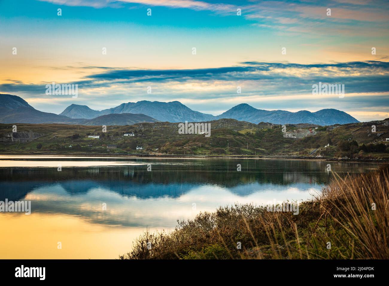 Western aspect of The Twelve Bens across Streamstown Bay, Connemara ...