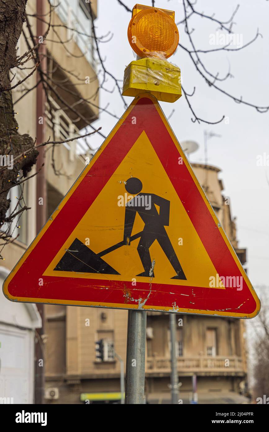 Road Works Sign Pole With Amber Bacon Warning Light Stock Photo - Alamy Road Works Sign Pole With Amber Bacon Warning Light Stock Photo - Alamy