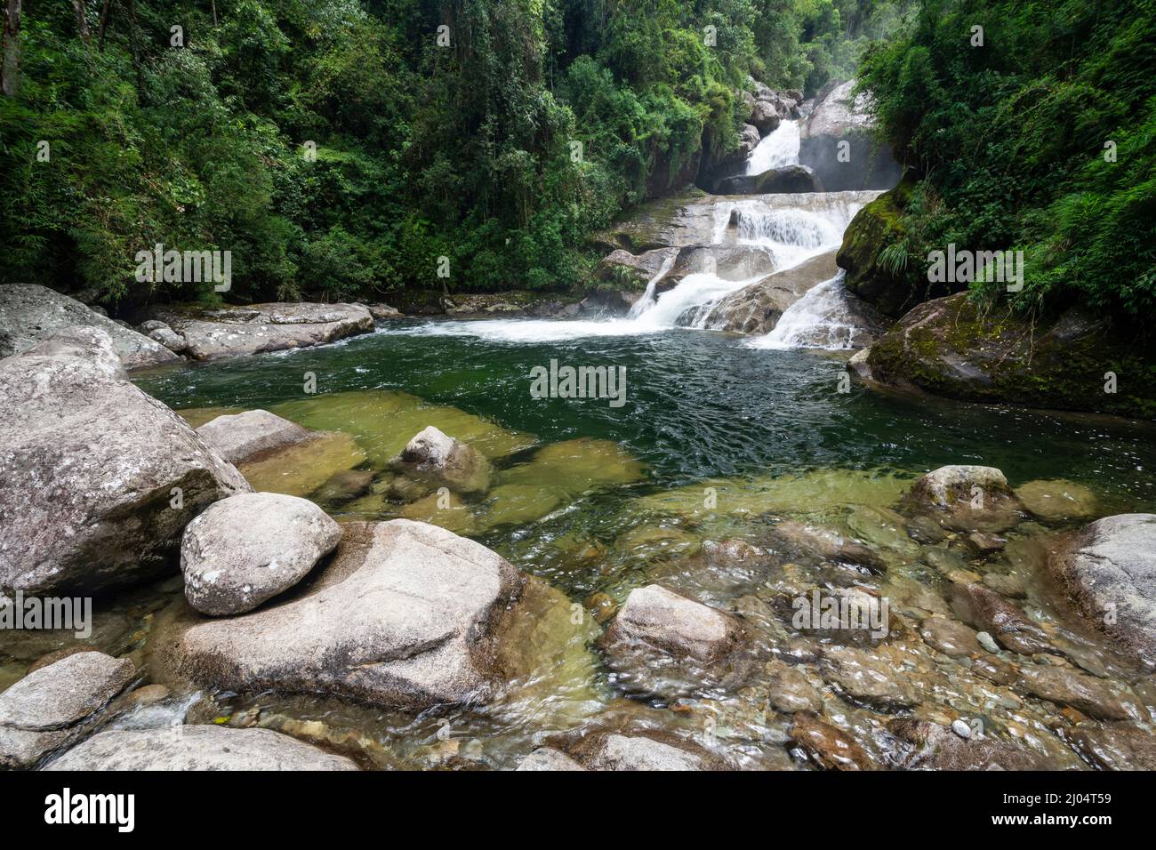 Beautiful view to green atlantic rainforest waterfall in Itatiaia Stock ...