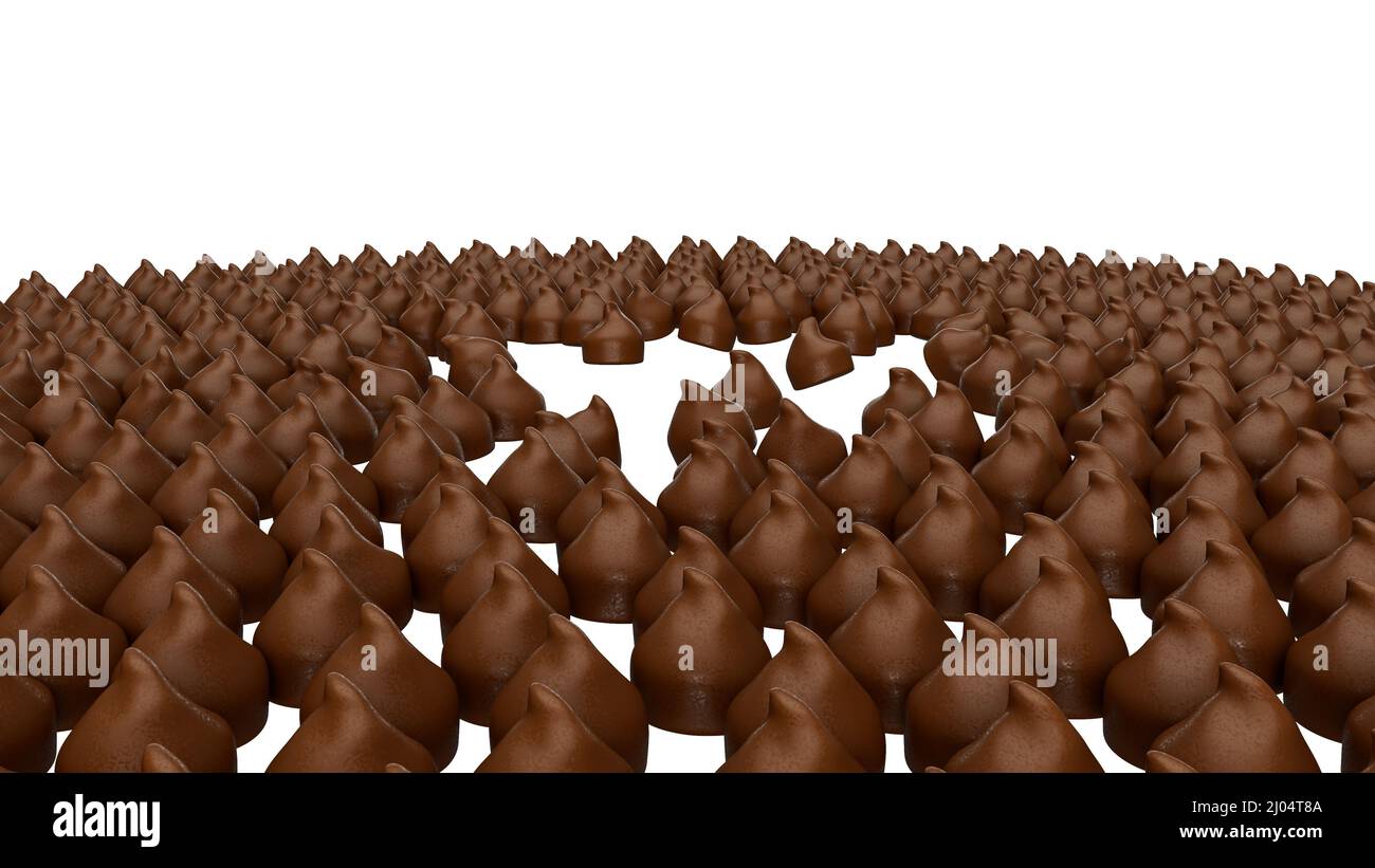 Closeup of a 3D rendered group gathered chocolates on white background ...