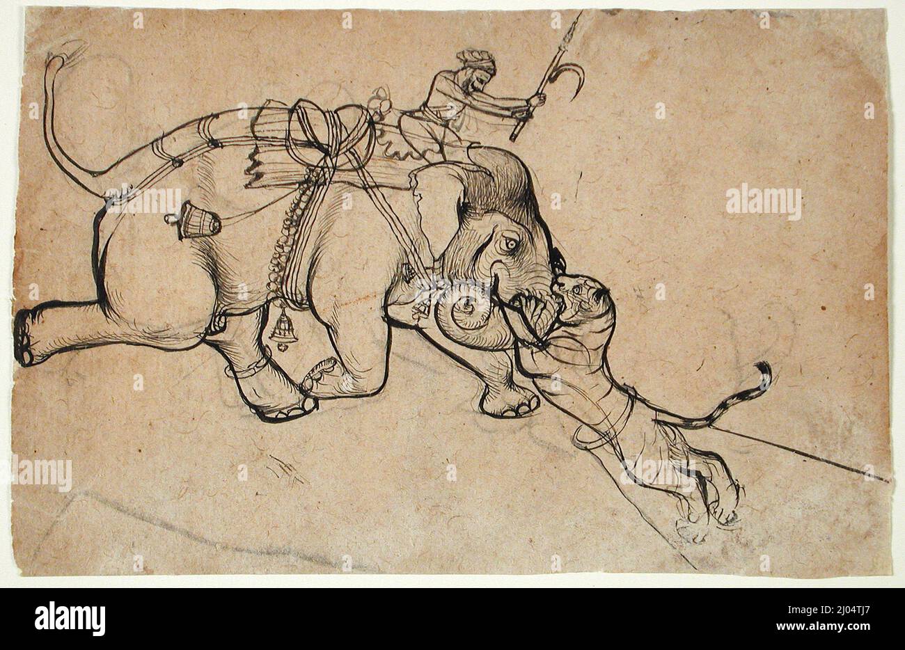 Tiger Attacking Elephant with Mahout. India, Rajasthan, Kota, 1825-1850 ...