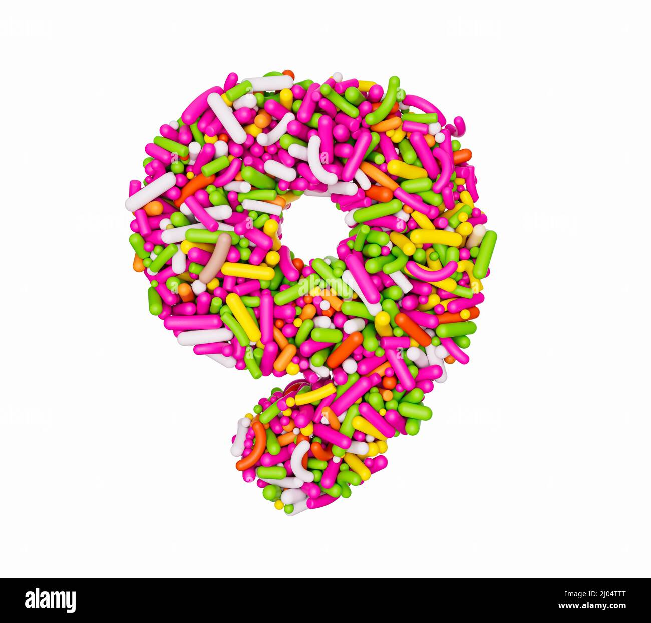 A 3D rendering of rainbow sprinkles in a number 9 shape isolated on ...