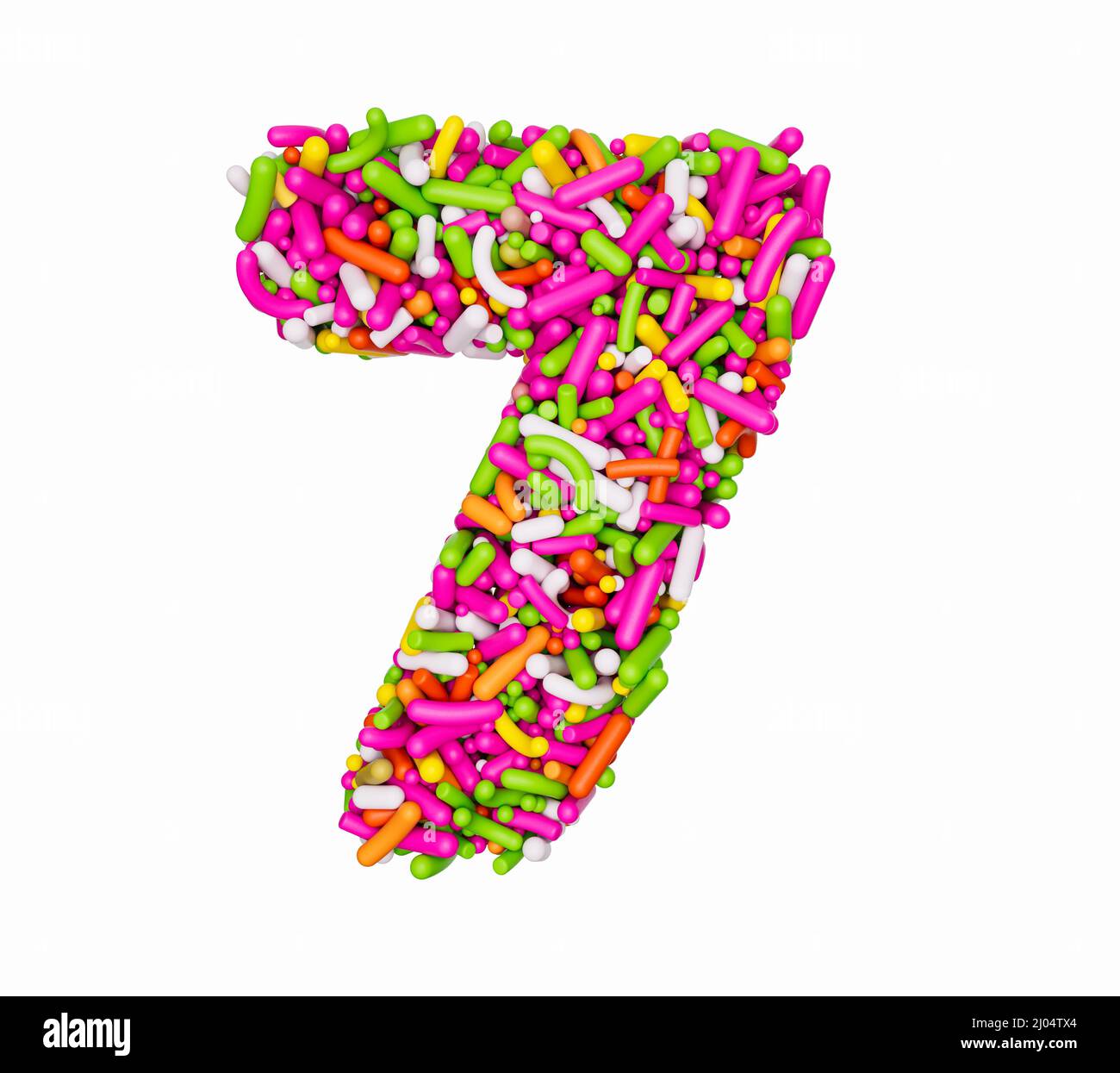 3D rendering of rainbow sprinkles in a number 7 shape isolated on white ...