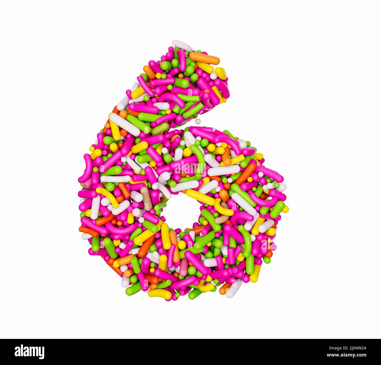 3D rendering of rainbow sprinkles in a number 6 shape isolated on white ...