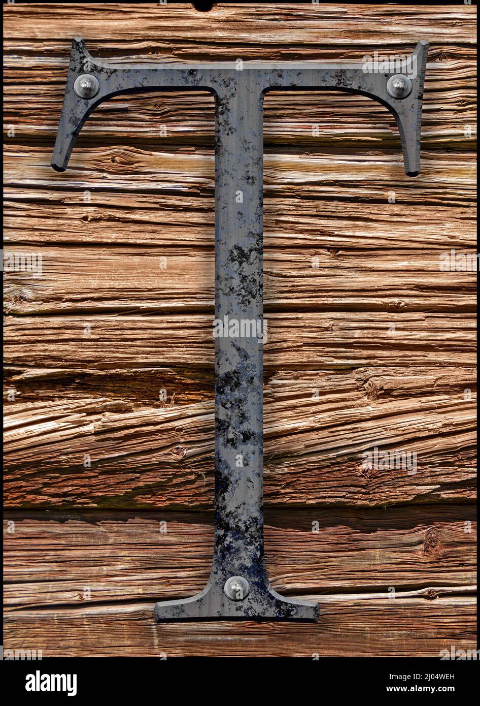 Iron letter T on old wood Stock Photo - Alamy
