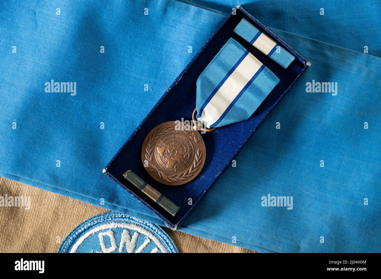 Overhead shot of a United Nations Peacekeeper's medal and service ...