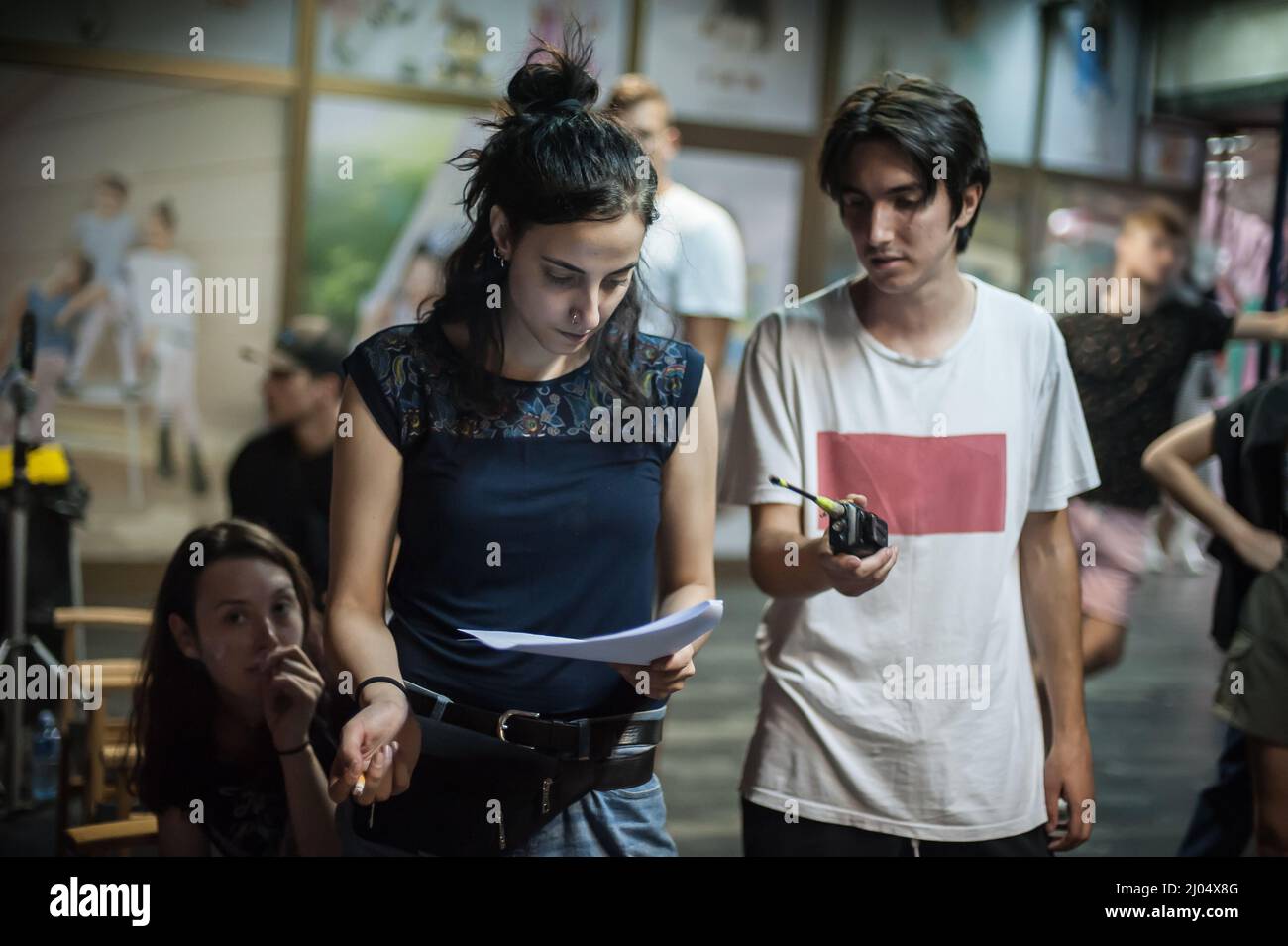 Behind the scenes. Film director and photography director checks the ...