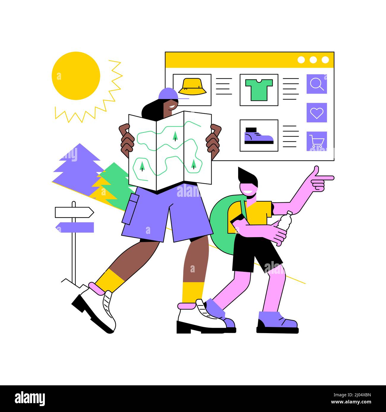 Summer hiking abstract concept vector illustration. Hiking in heat ...