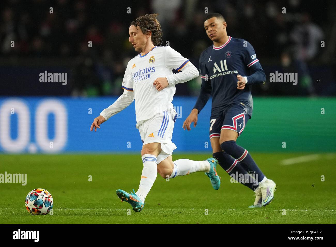Luka Modric of Real Madrid and Kylian Mpappe of PSG during the UEFA ...
