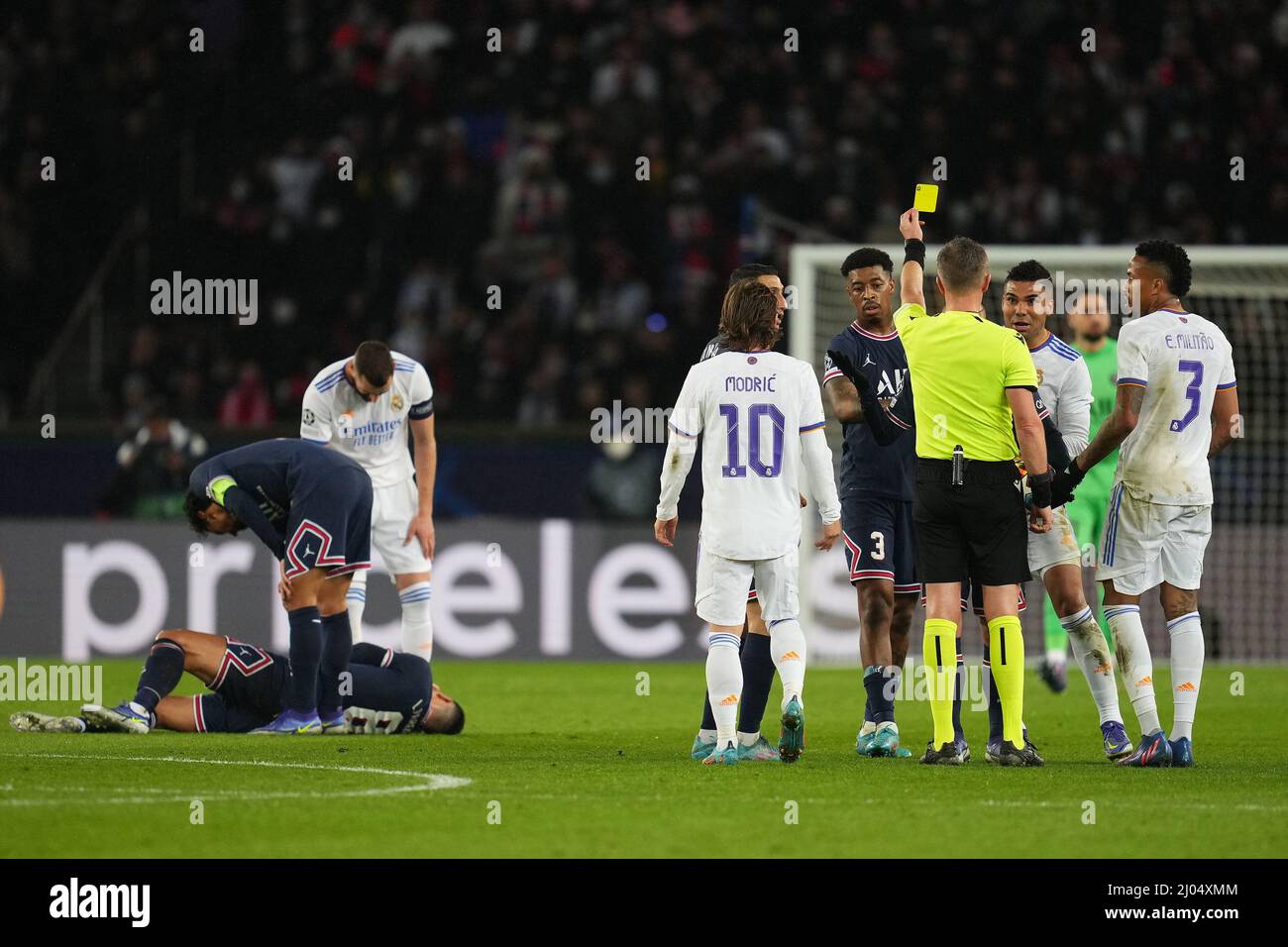 Carlos Henrique Casemiro of Real Madrid receives yellow card during the ...