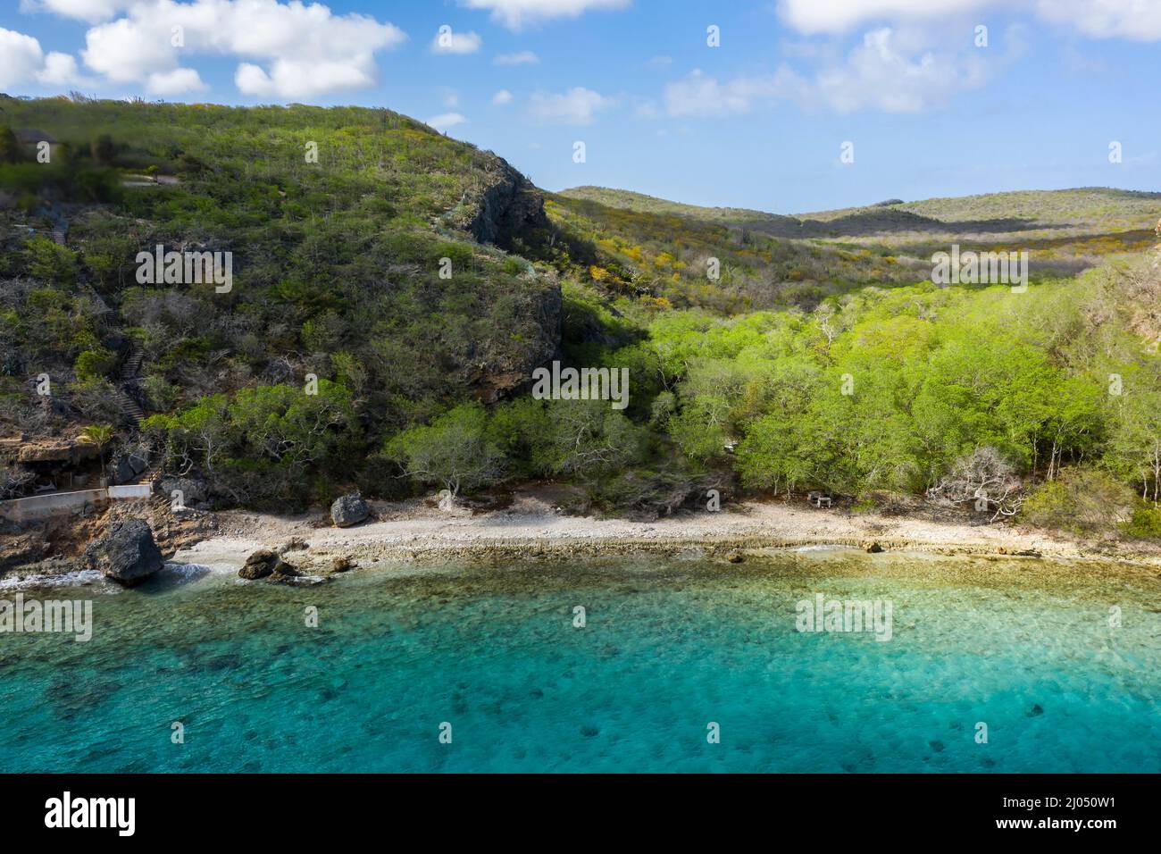 Aerial view of the coast of Curaçao in the Caribbean with beach, cliff ...