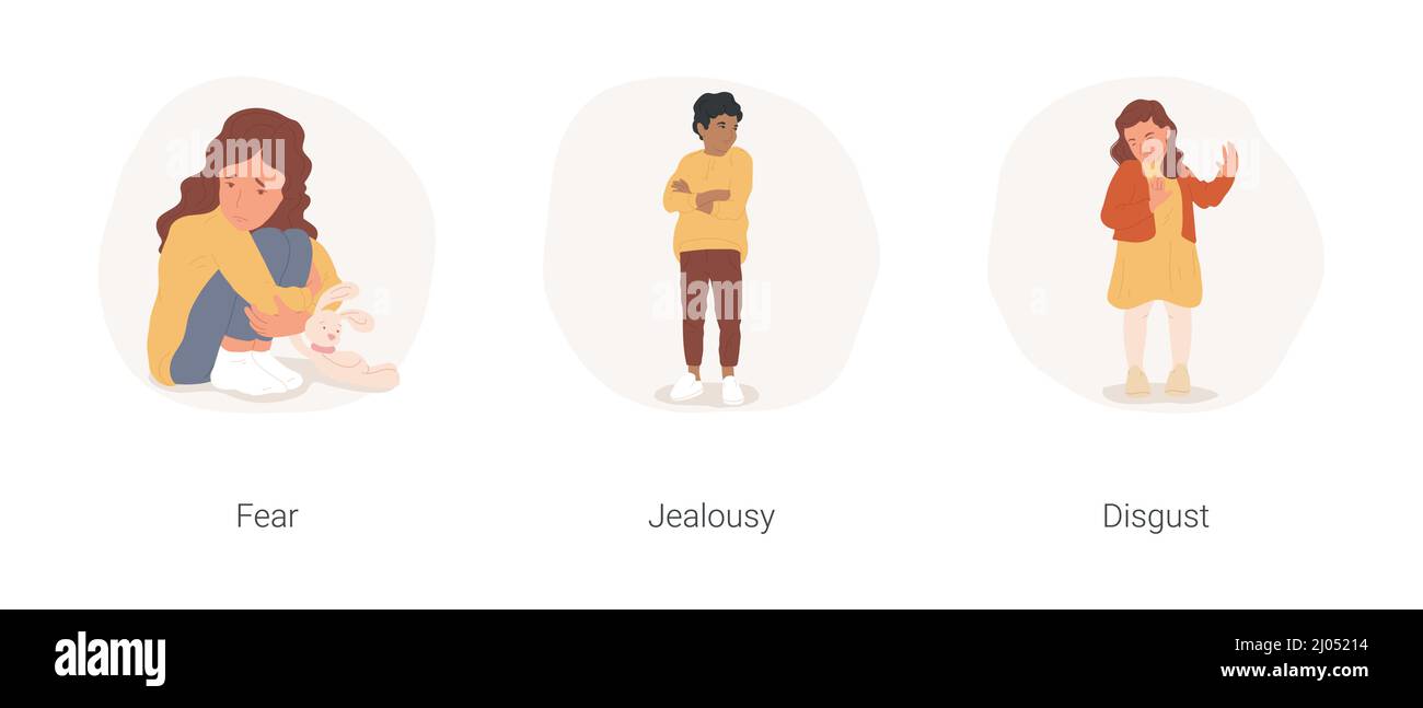 Child feelings isolated cartoon vector illustration set. Scared girl ...