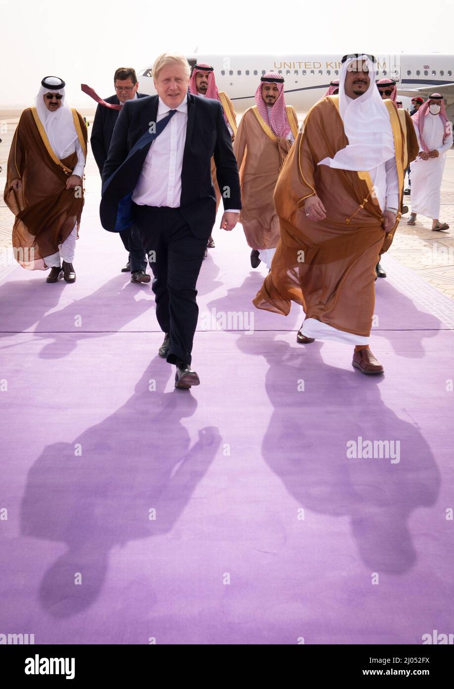 Prime Minister Boris Johnson arrives at Riyadh Airport, Saudi Arabia ...