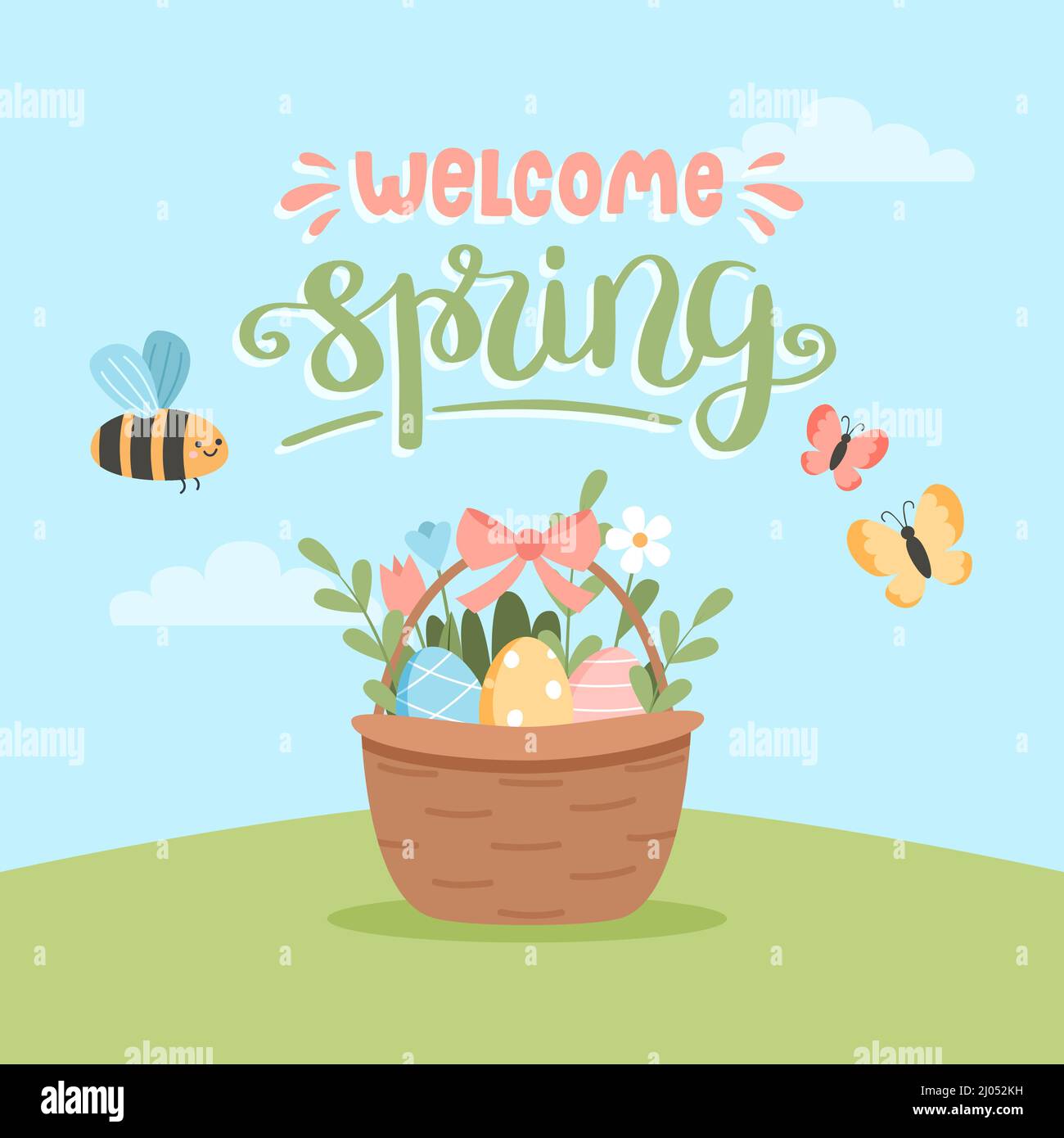 Welcome spring card - easter egg basket and flowers and lettering. Hand ...