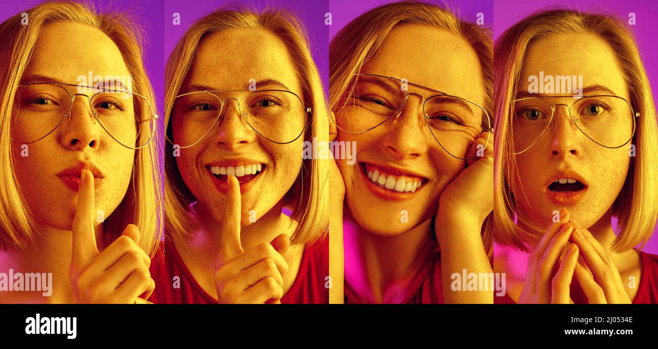 Collage with close-up portraits of young emotional woman isoaletd on ...