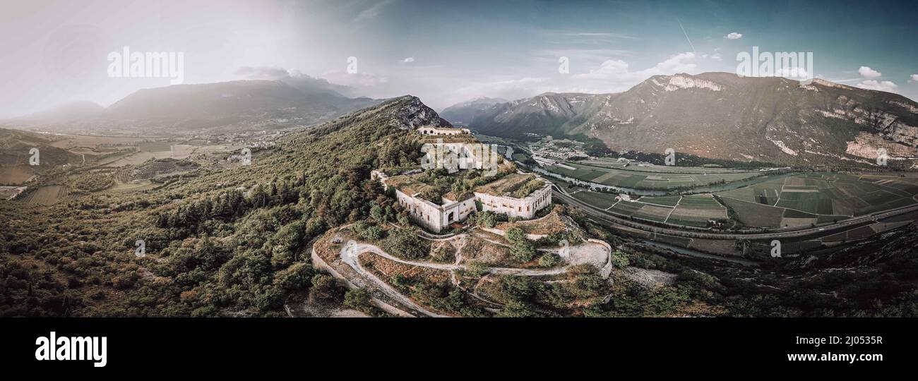 Drone shot of the San Marco fort in the mountain range of Monte Baldo ...