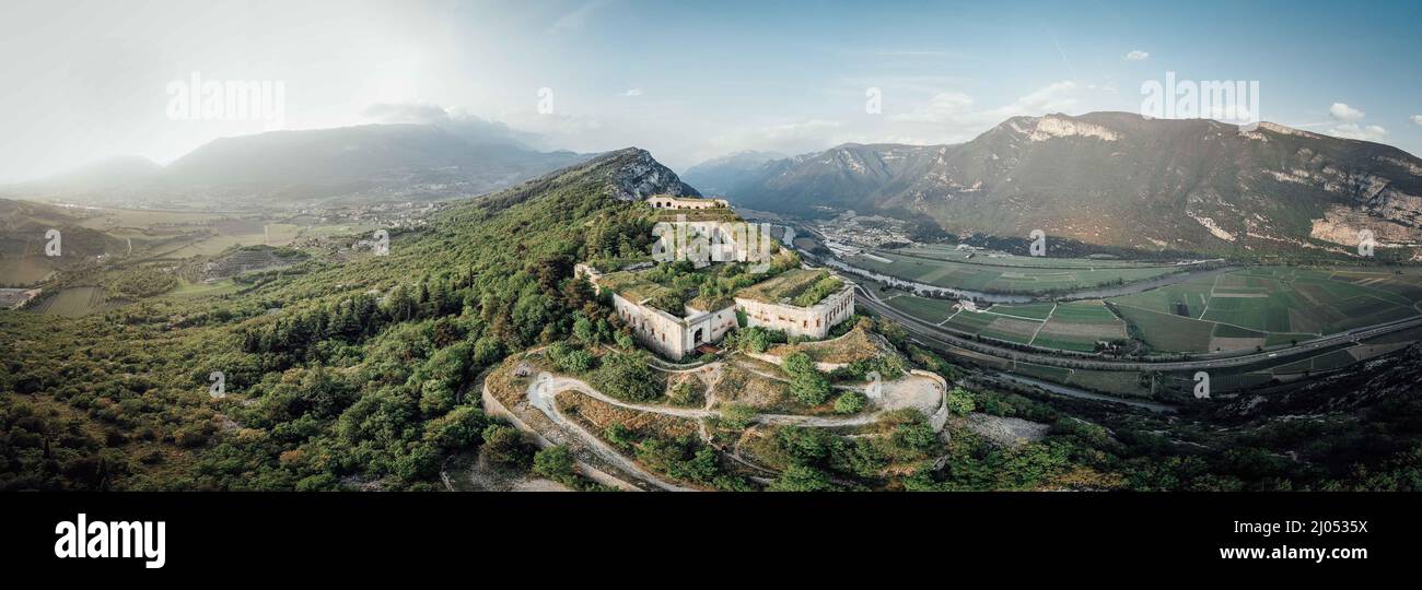 Drone shot of the San Marco fort in the mountain range of Monte Baldo ...