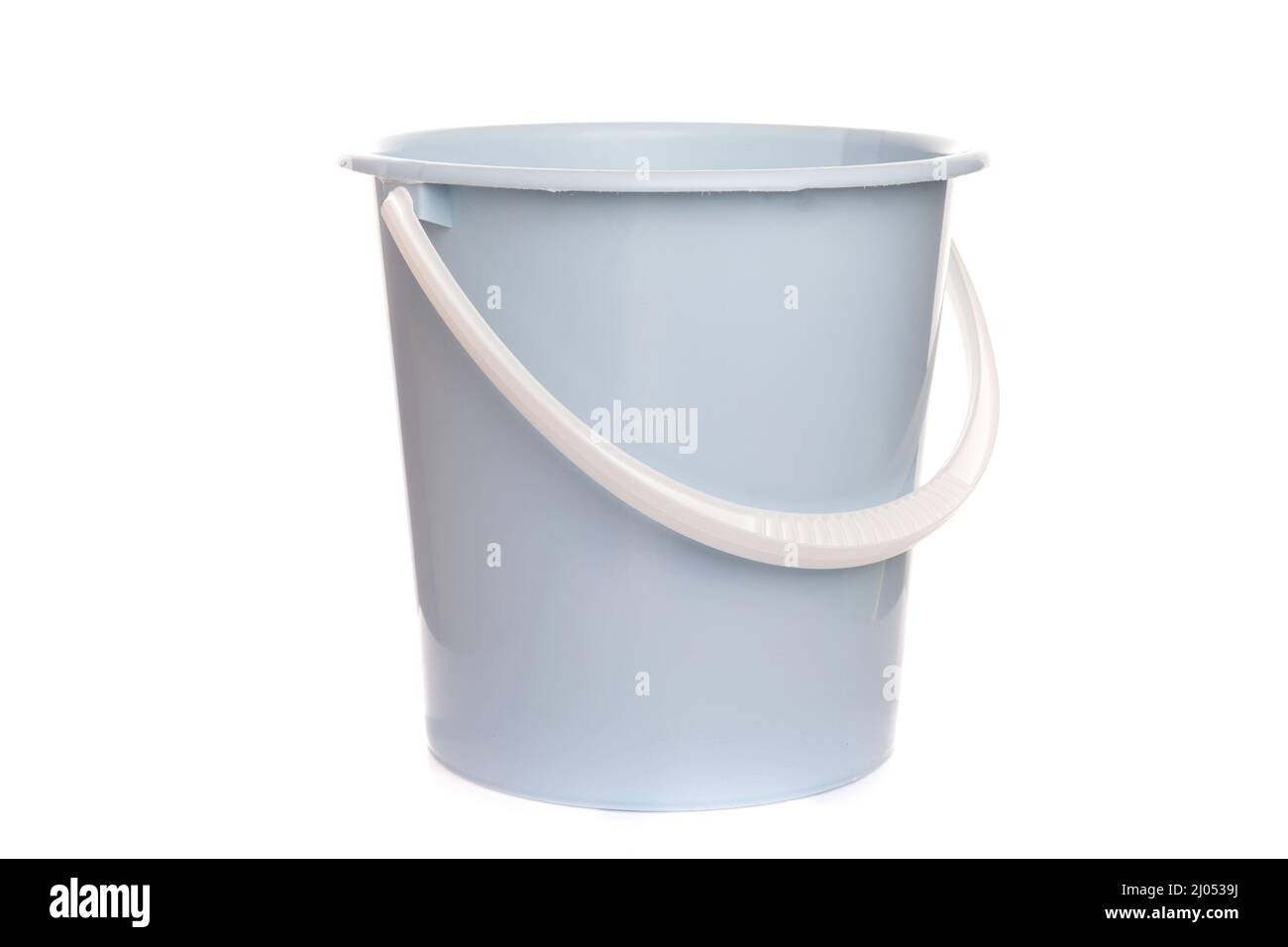 light blue plastic bucket with a white handle on a white background ...