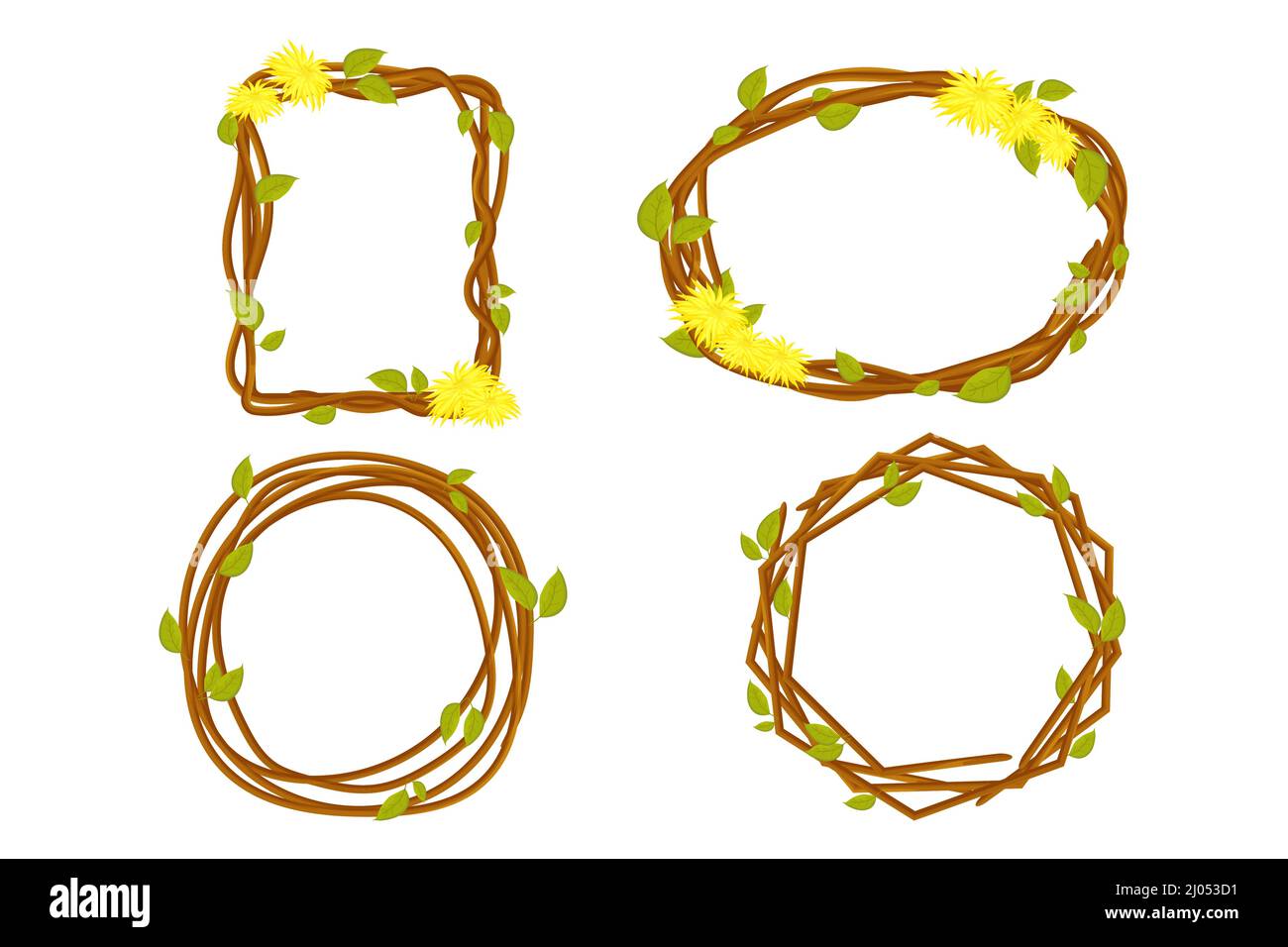 Set frames from wood branch with leaves, dandelion, spring garland from ...