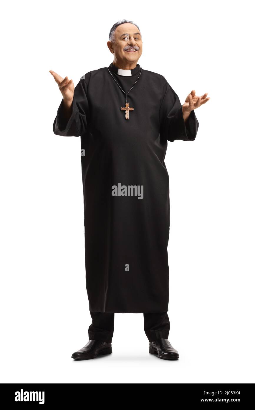 Full length portrait of a smiling priest gesturing with hands isolated ...