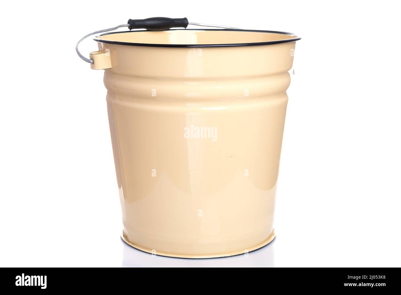 metal enameled bucket of beige color then on a white background Stock ...