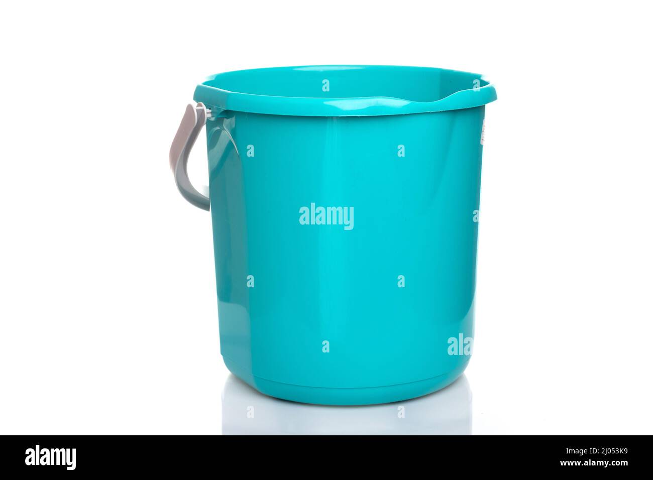 empty plastic bucket in turquoise color on a white isolated background ...