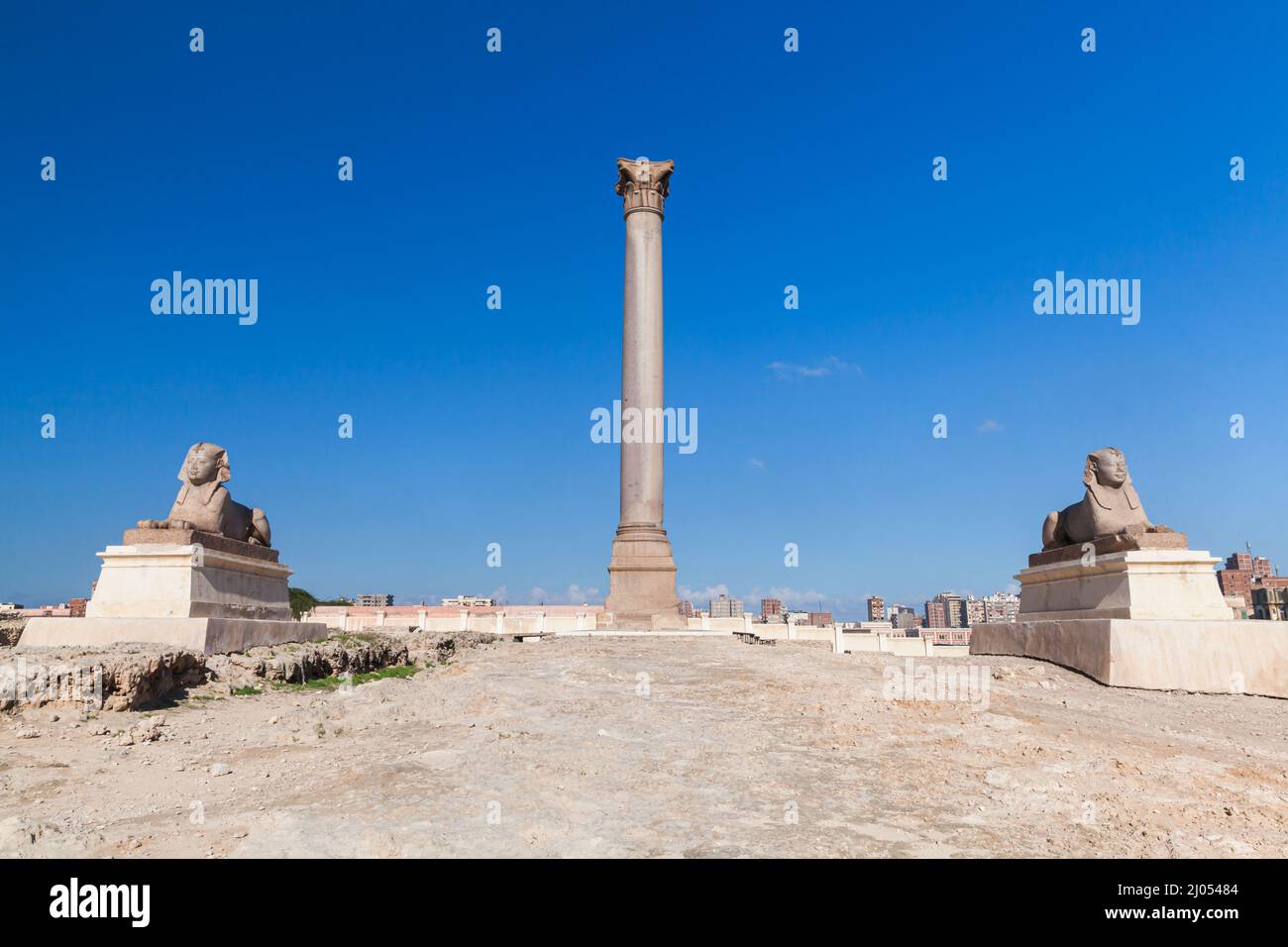 Pompeys Pillar and ancient sphinxes, Alexandria, Egypt. This Roman ...