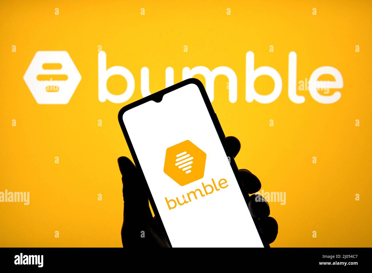 In this photo illustration a Bumble logo seen displayed on a smartphone ...