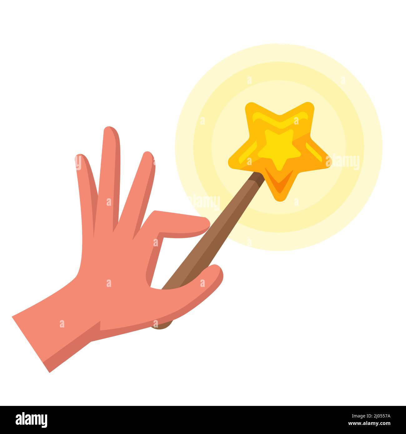 a magic wand in the shape of a star in a man hand. create magic. flat ...