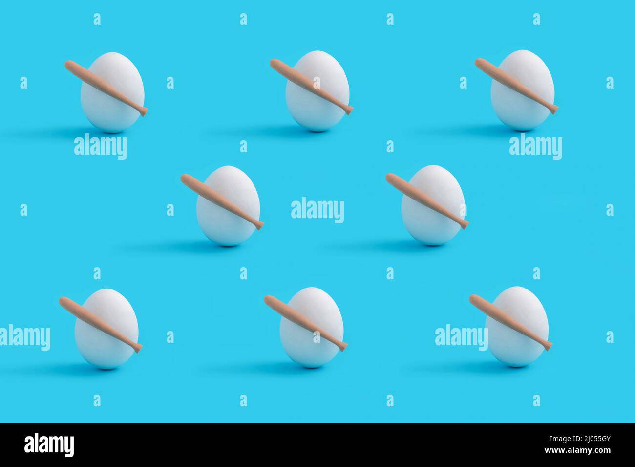 3d rendering of many eggs with a baseball bat on the blue background as ...