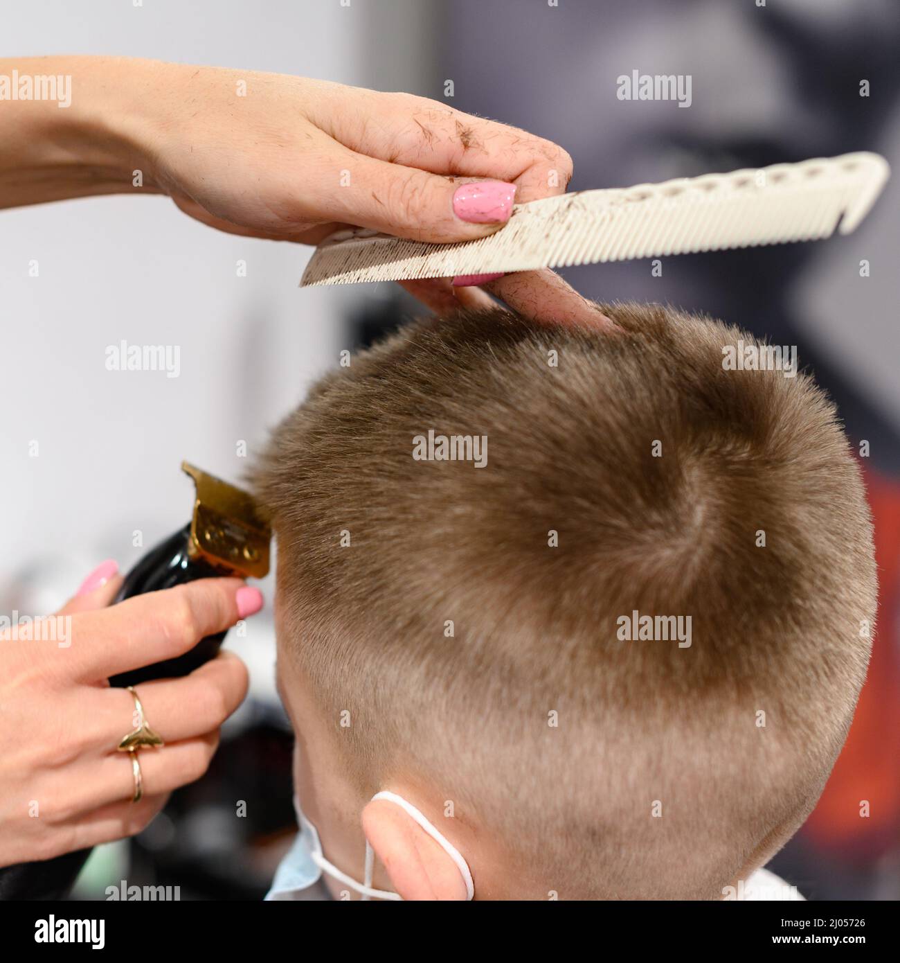 little boy in a mask, which is cut in the barbershop in the barbershop ...