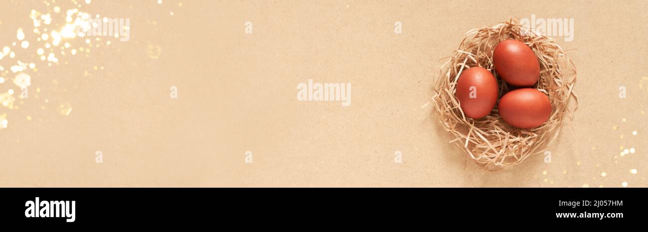 A banner with a nest containing Easter eggs on a sandy background ...