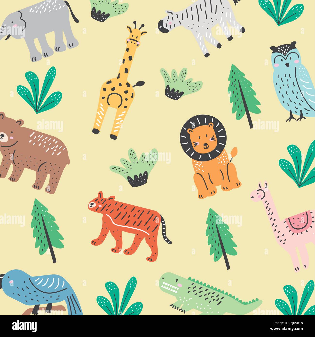 wild animals doodle pattern background Stock Vector Image & Art - Alamy