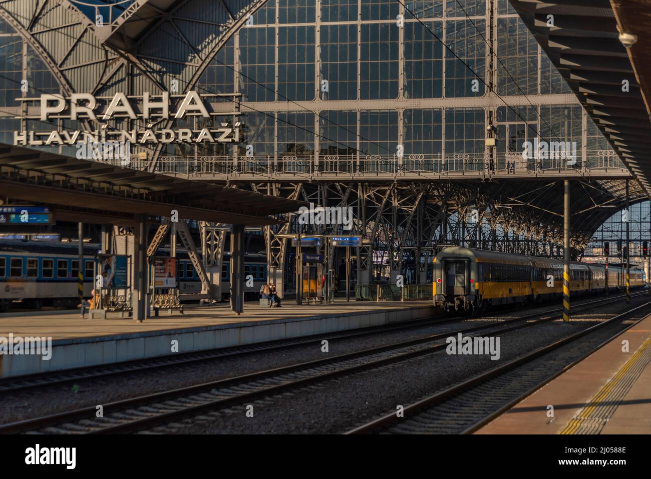 Prague main station in sunny winter color evening with trains Stock ...