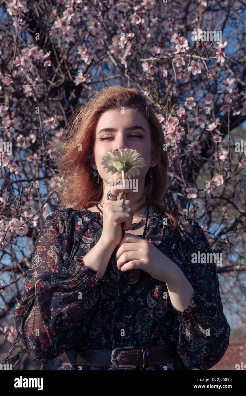 Beautiful Girl in Spring Park with Flowers Stock Photo - Alamy