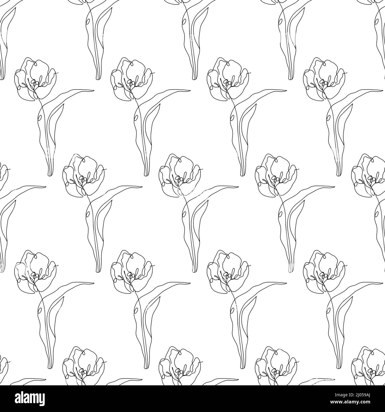 Monochrome seamless pattern with single line tulip flowers drawings ...