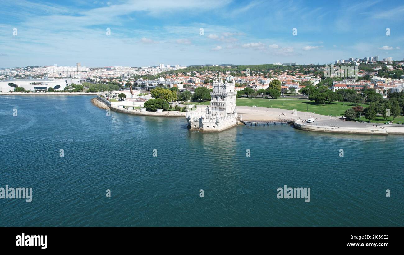 Aerial view of the beautiful Belem cityscape with Belem Tower by the ...