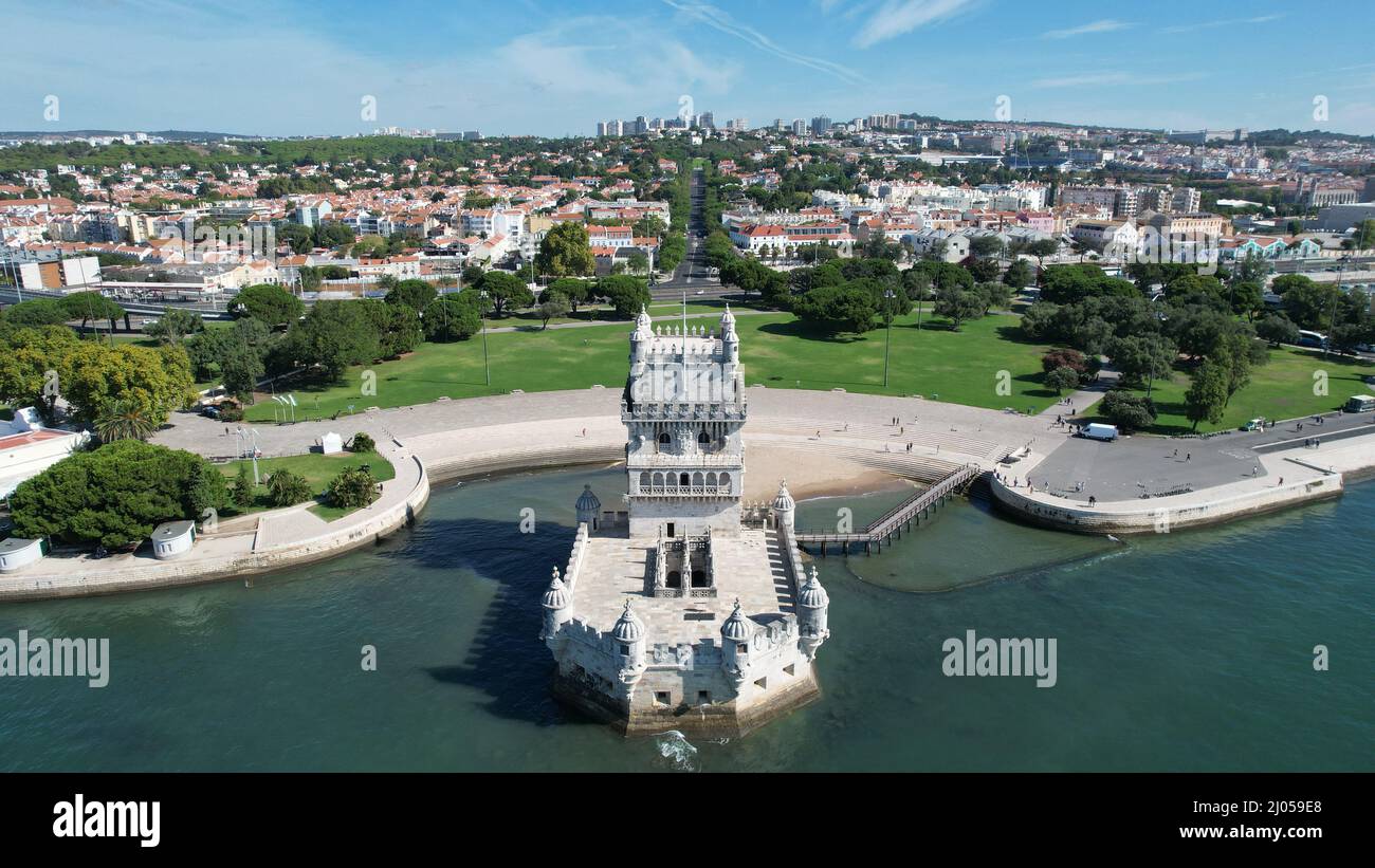 Aerial view of the beautiful Belem cityscape with Belem Tower by the ...