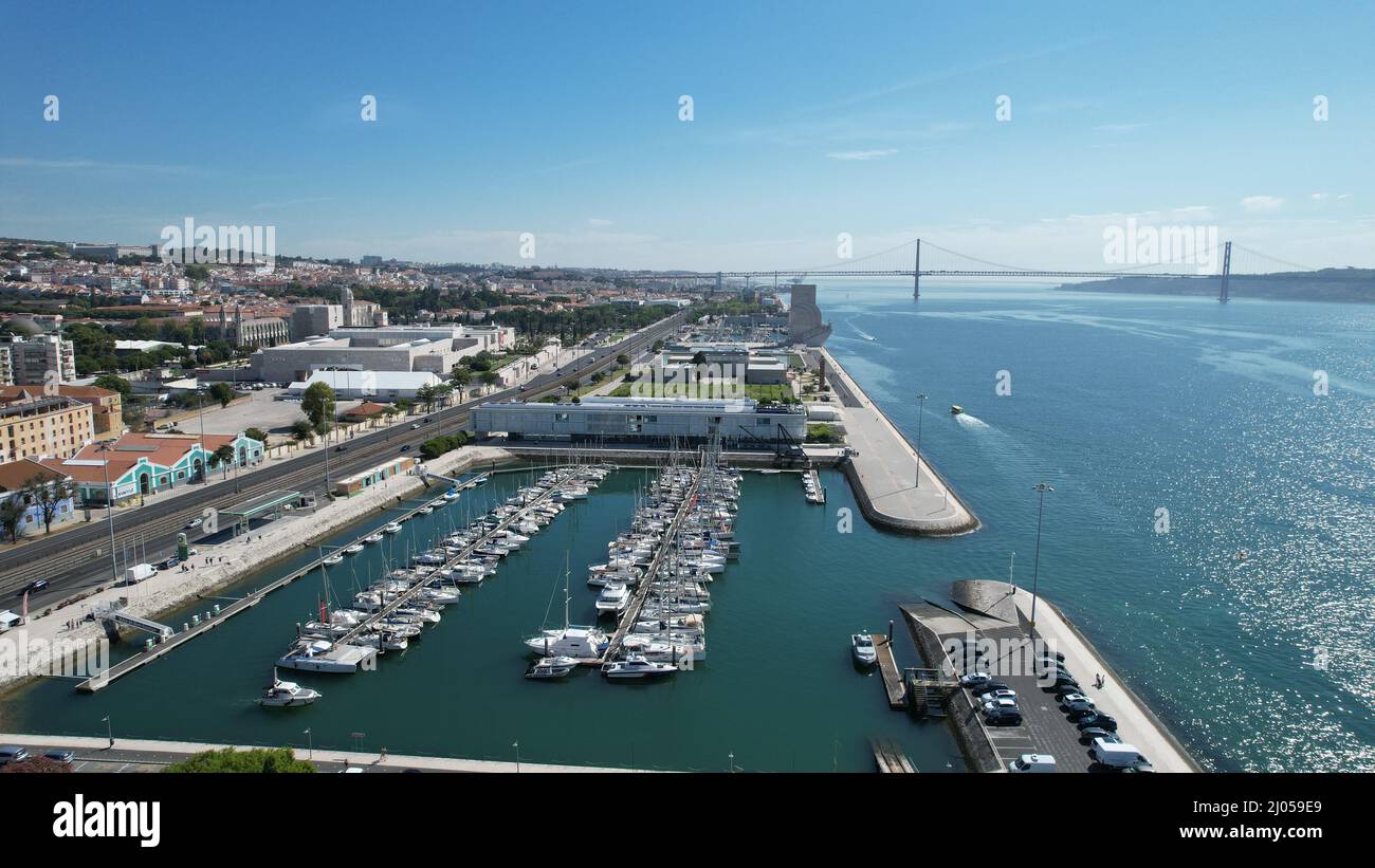 Aerial view of the beautiful Belem cityscape with docks by the Tejo ...